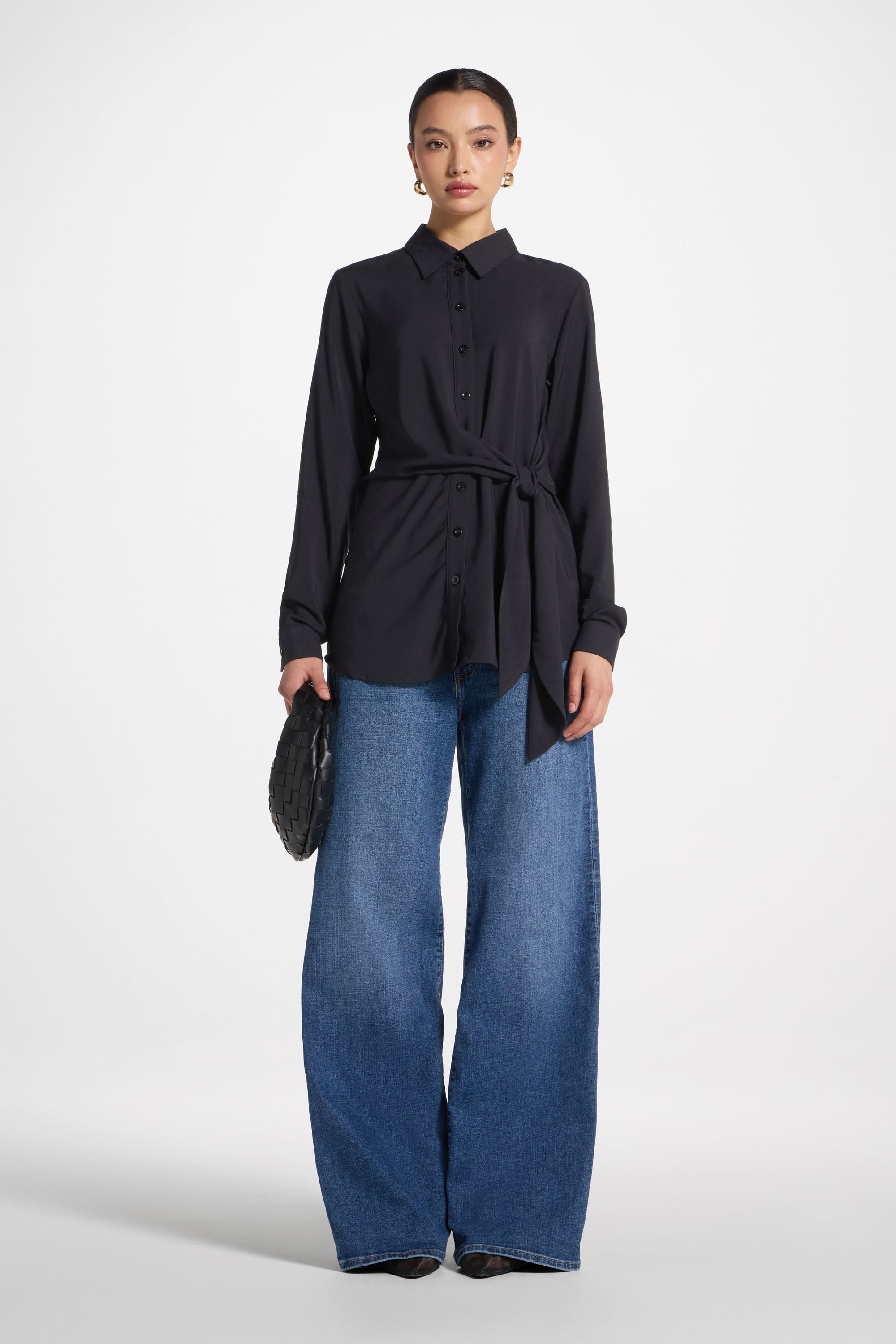 Asymmetric Side Tie Button Down Top - Black