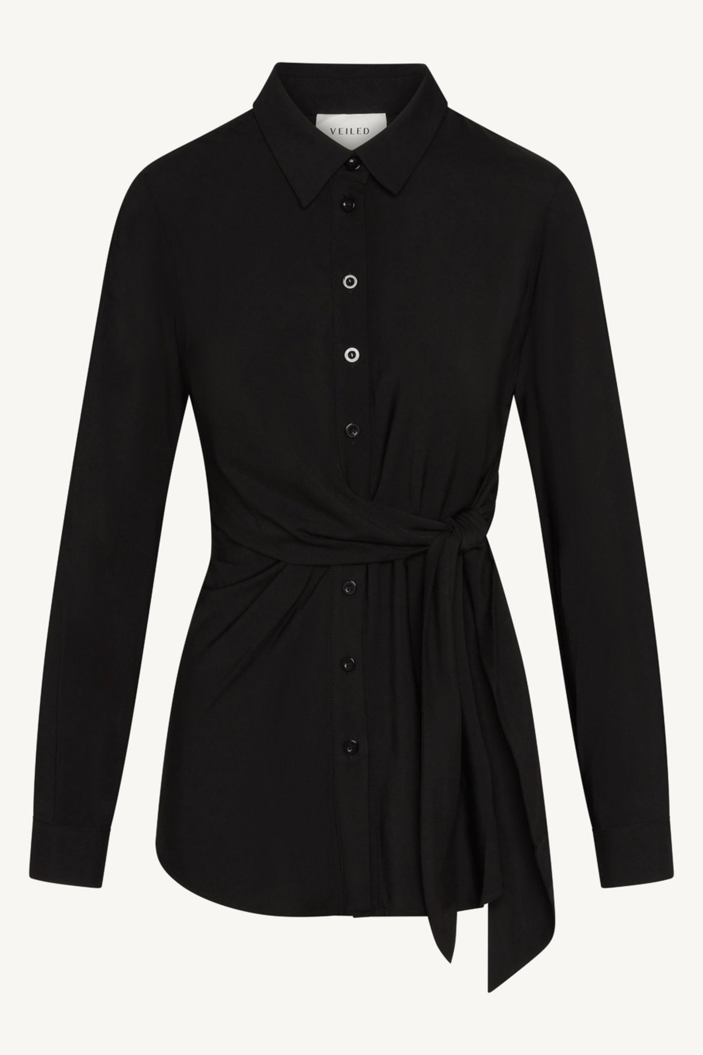 Asymmetric Side Tie Button Down Top - Black