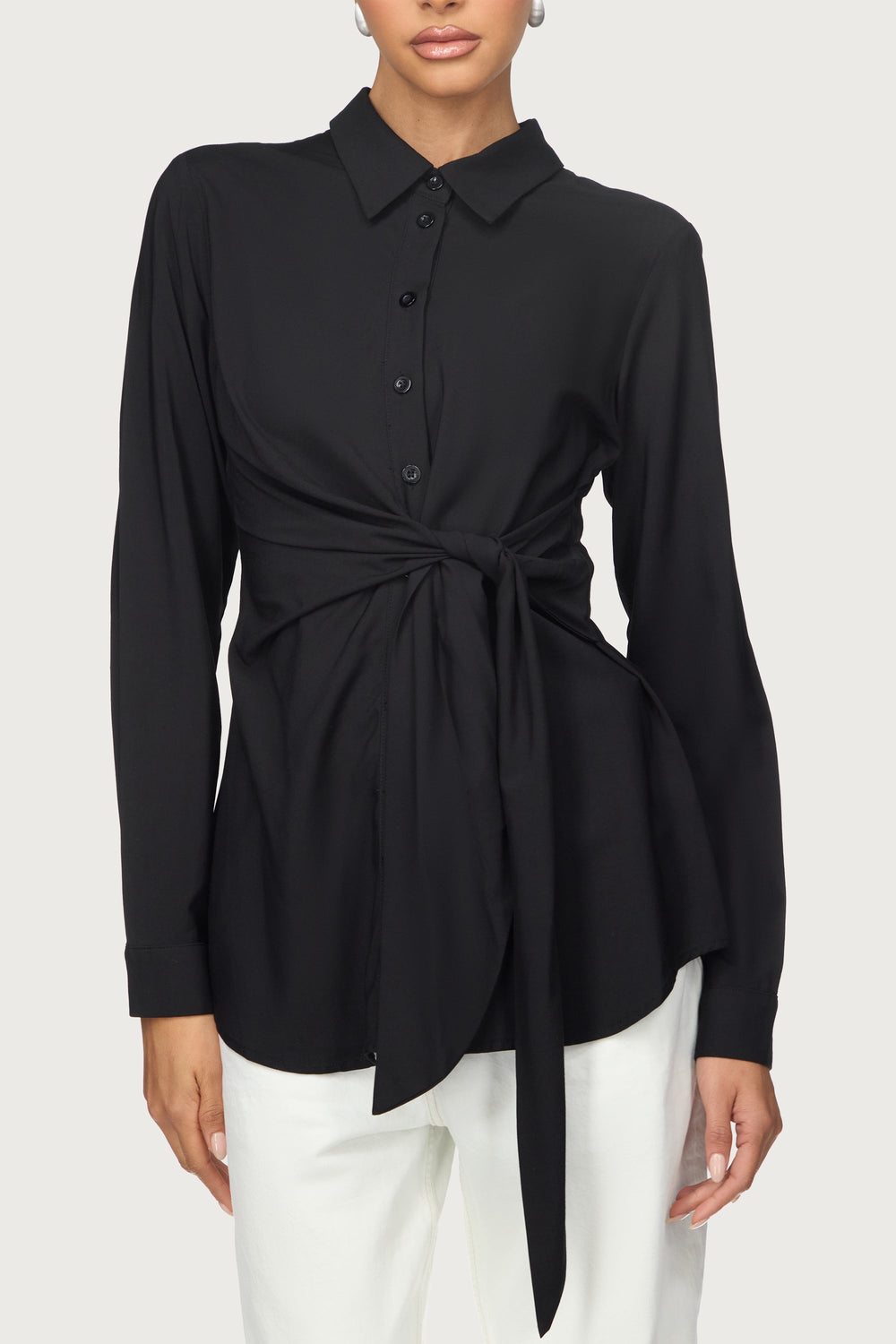 Asymmetric Side Tie Button Down Top - Black