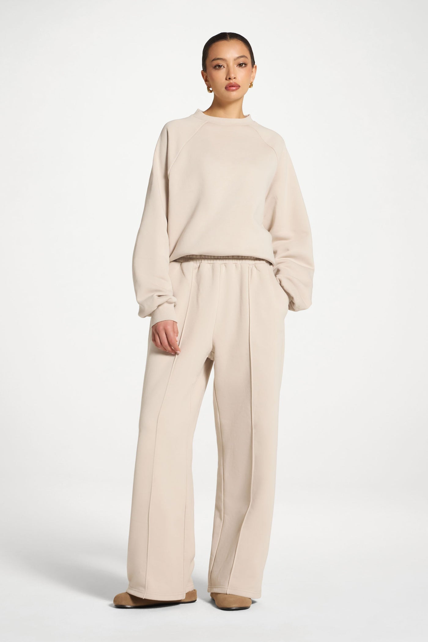 Cotton Pintuck Wide Leg Sweatpants - Stone