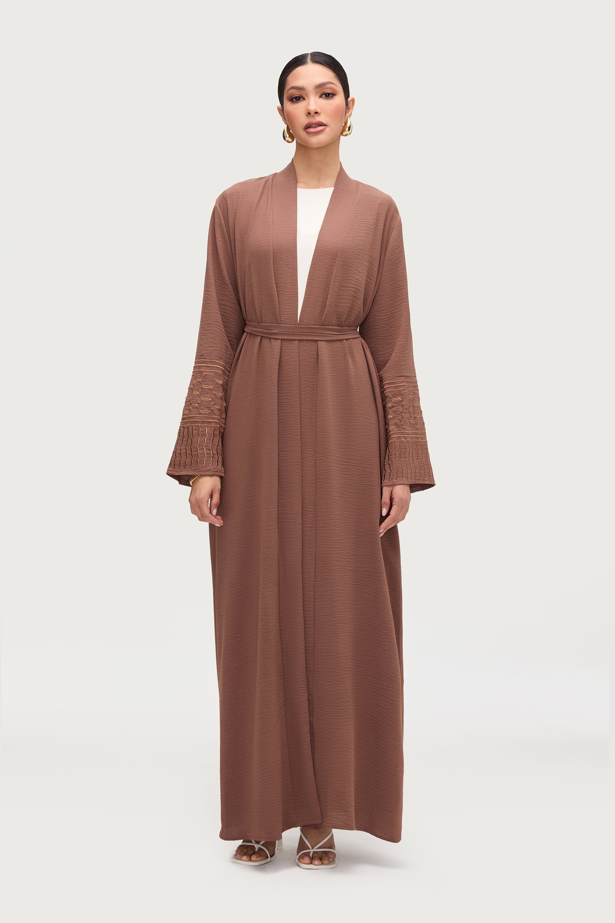 Dima Embroidered Open Abaya - Truffle
