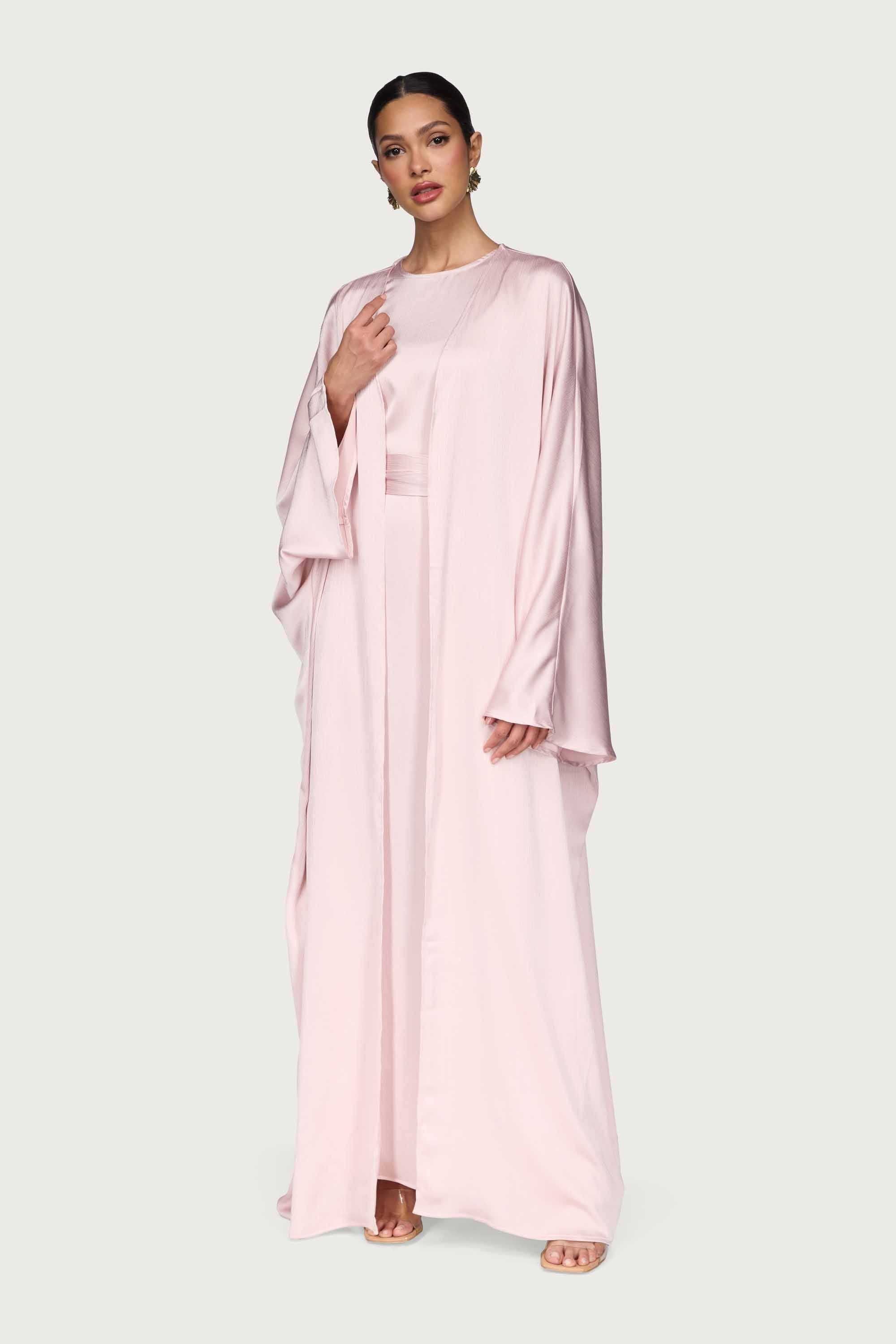 Ghada Satin Open Abaya & Dress Set - Pastel Pink