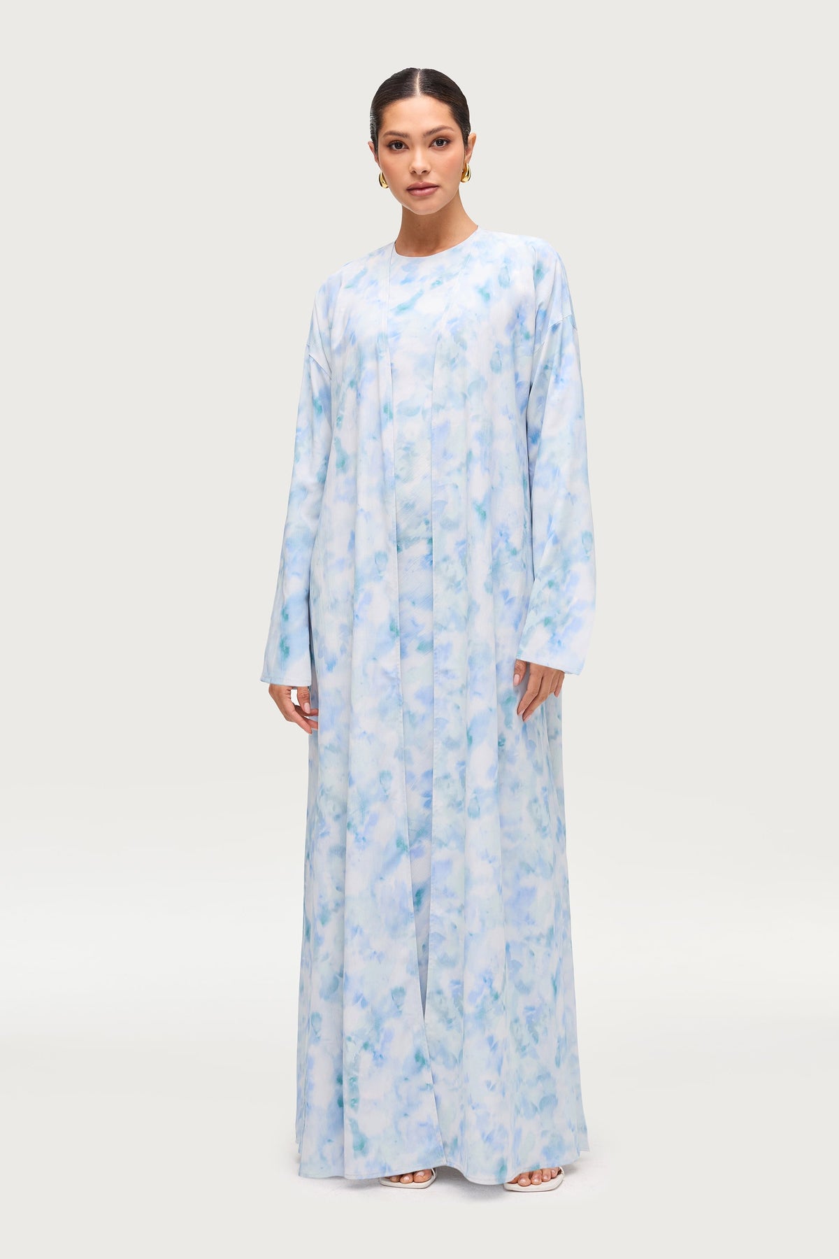 Lujain Printed Open Abaya - Blue Watercolor
